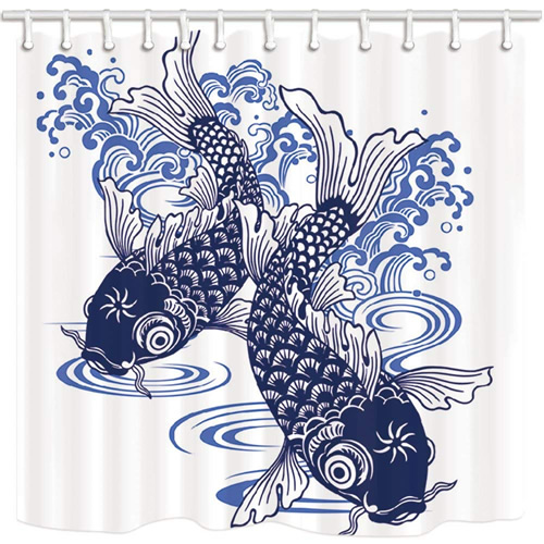 Asian Blue and White Porcelain Fish Mat and Shower Curtain – my design42